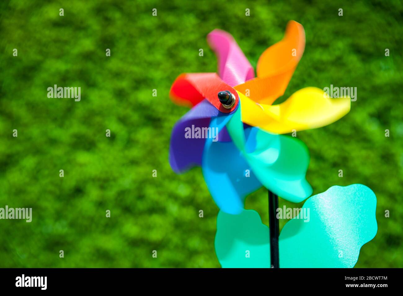 Colorful pinwheel flower spinning in the wind in front of a natural ...