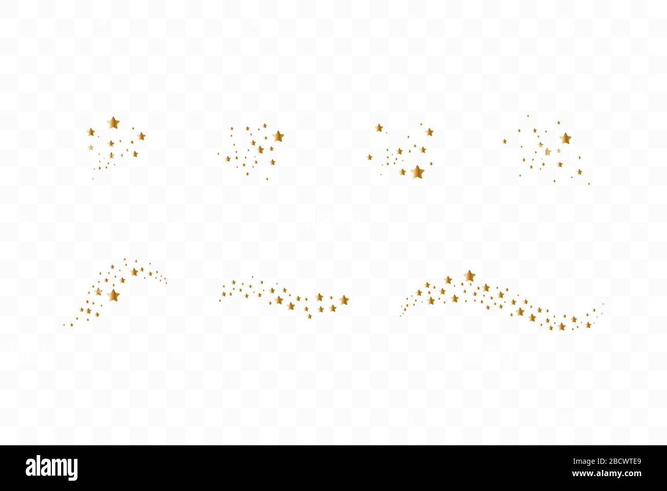 Set of golden falling stars. Cloud of golden stars isolated on transparent background. Vector ...