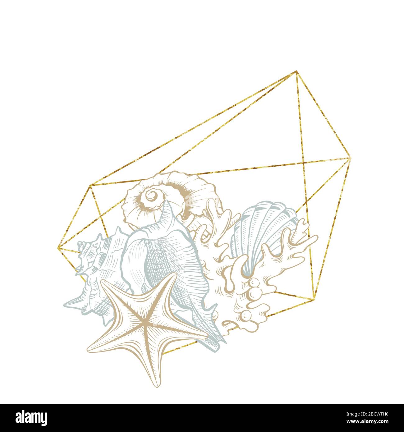 Seashell sketch in gold geometric crystal line frame, vector ...