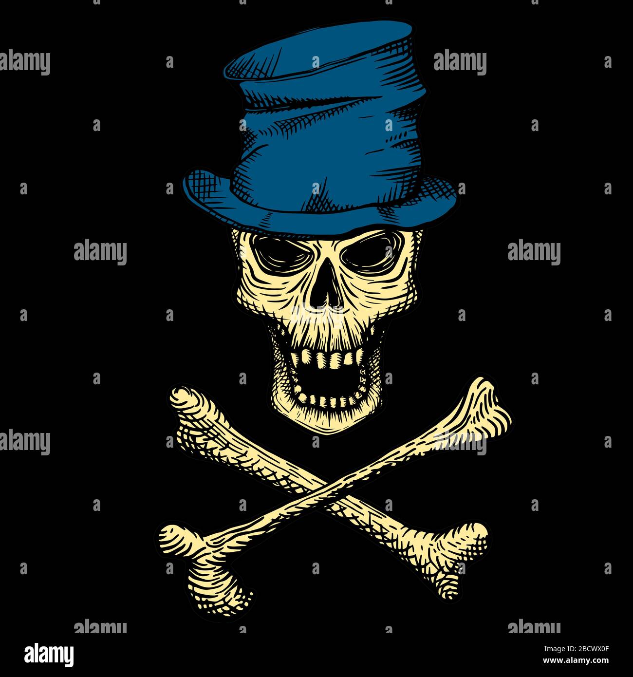 Hand drawn skull of a dead man in a blue crumpled top hat, with ...