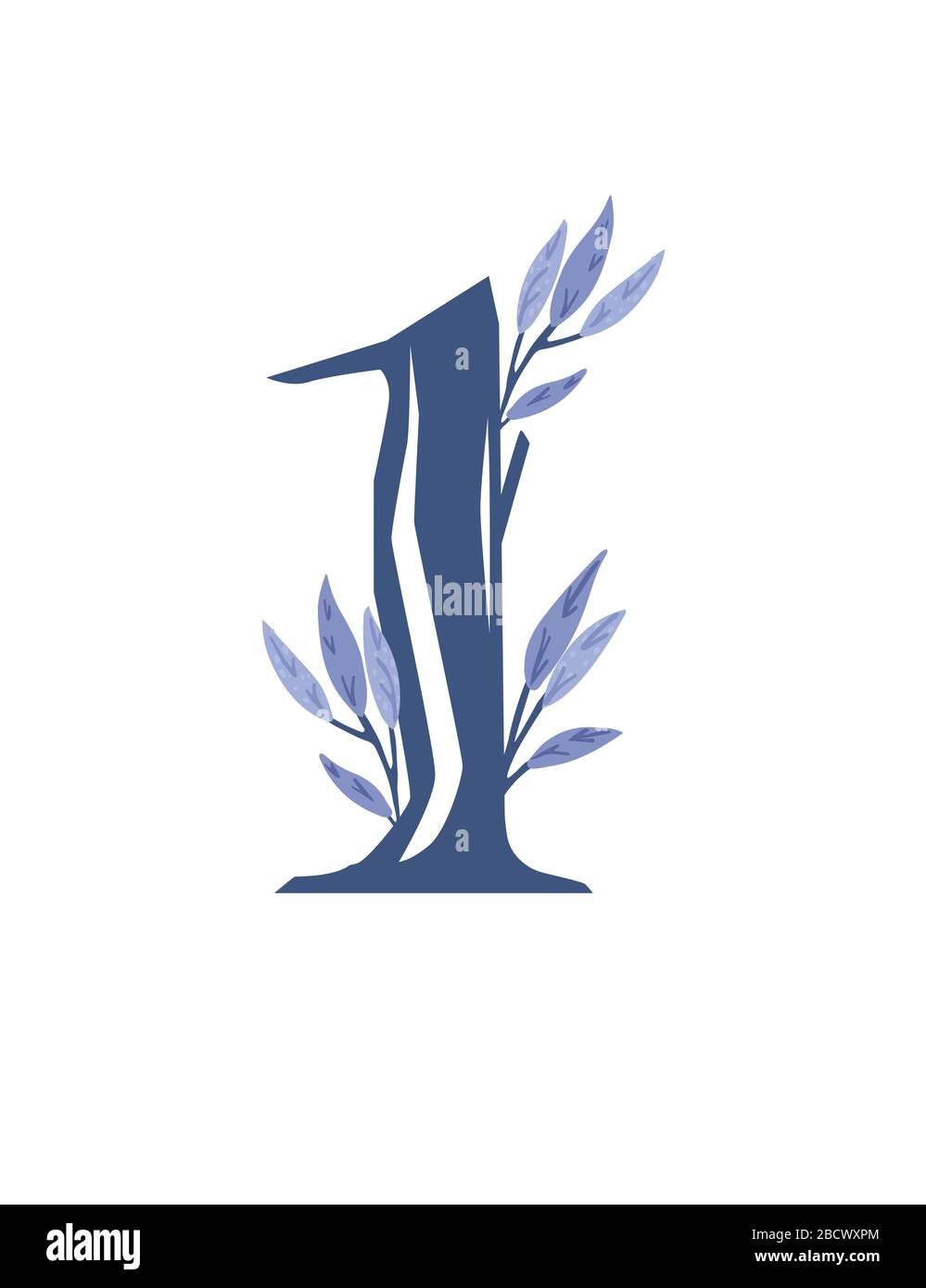 Number 1 style tree branches with blue leaves botanical flowers floral ...