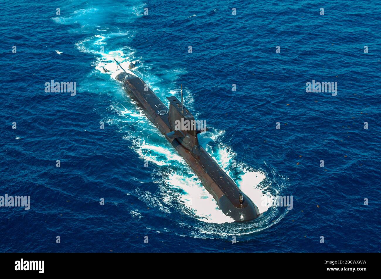 An aerial view of Australian Navy Collins Class submarine HMAS Rankin ...