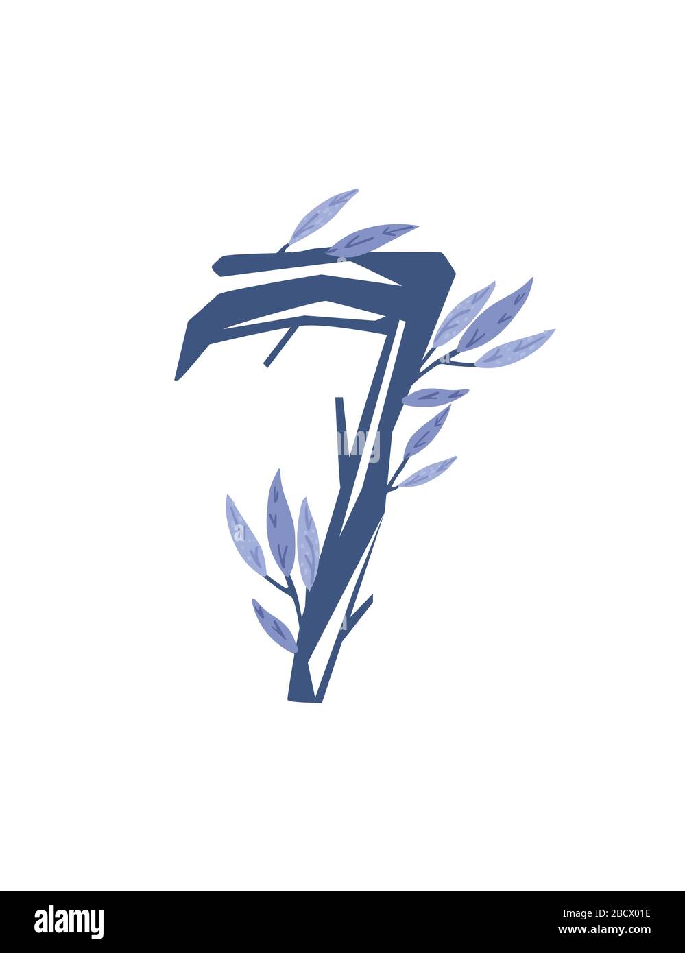 Number 7 style tree branches with blue leaves botanical flowers floral ...