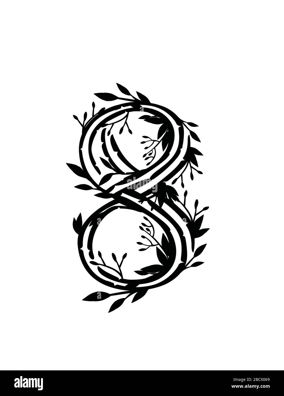 Black silhouette number 8 style tree branches with leaves and berries ...