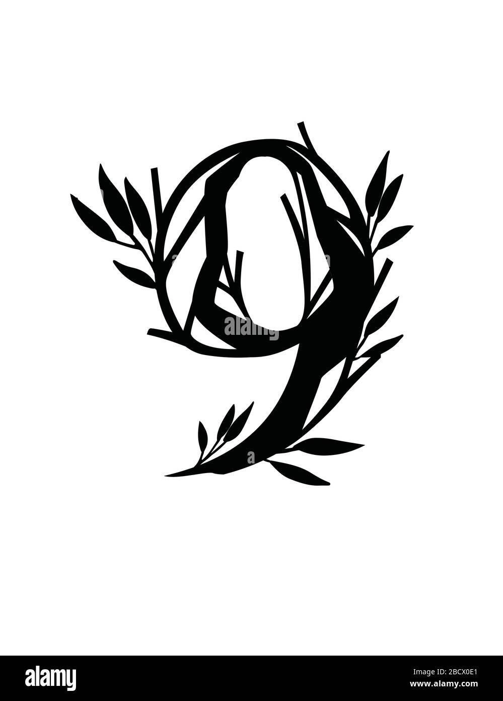Black silhouette number 9 style tree branches with leaves botanical ...