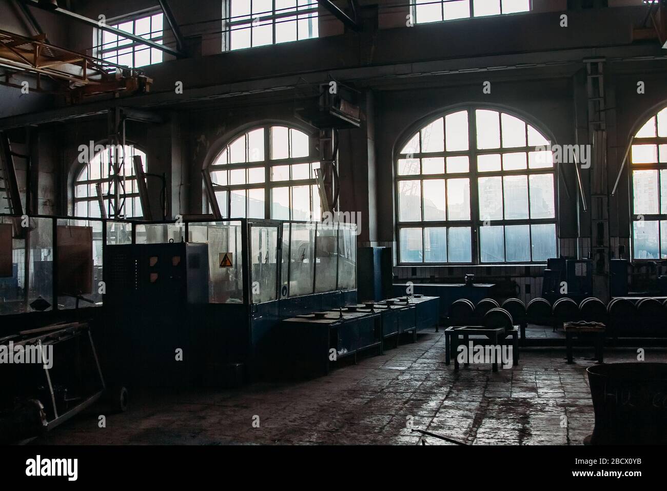 Old abandoned railroad workshop. Train repairing factory with old ...