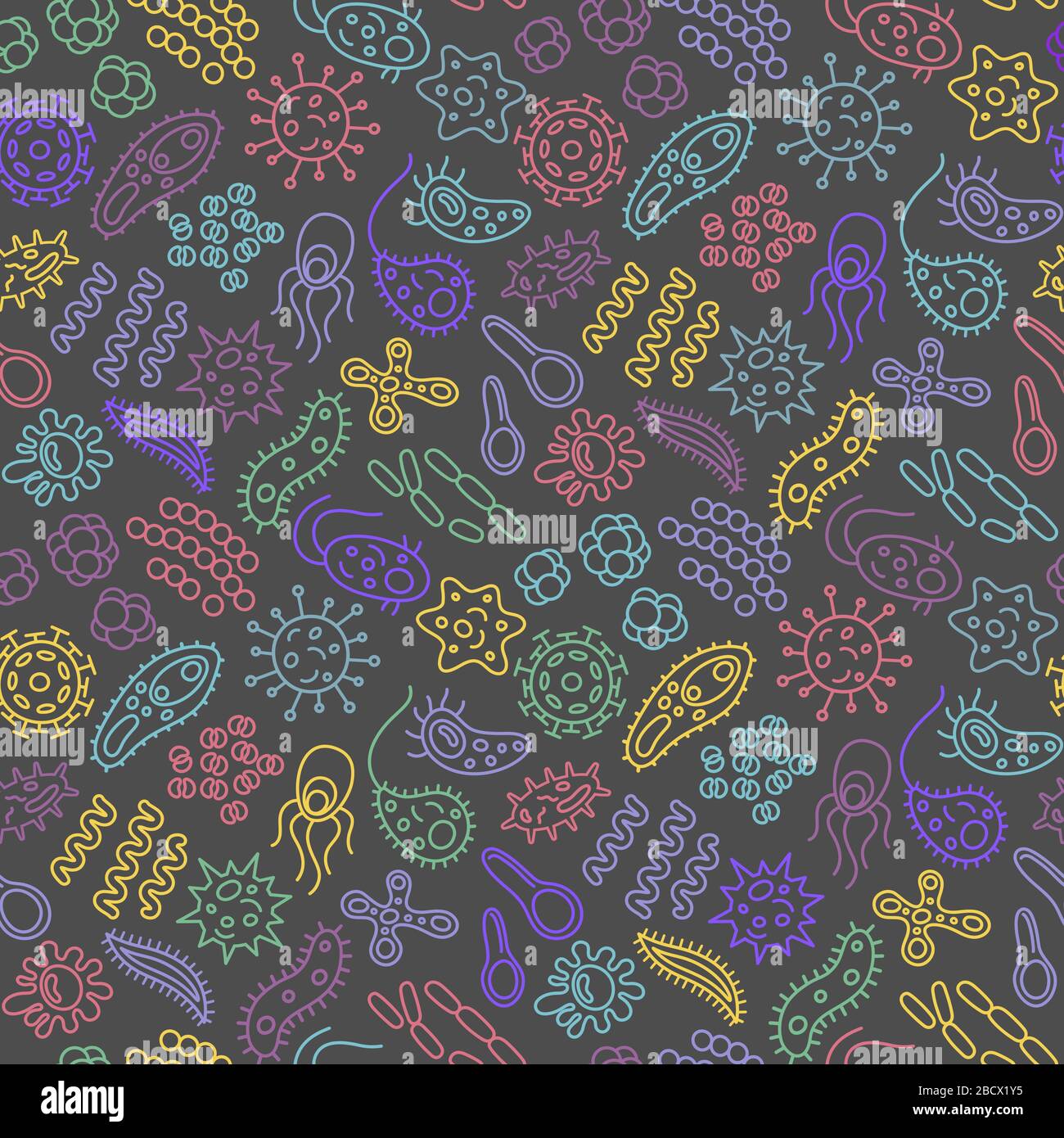 Seamless pattern with bacteria, viruses and germs. Microorganism cells ...