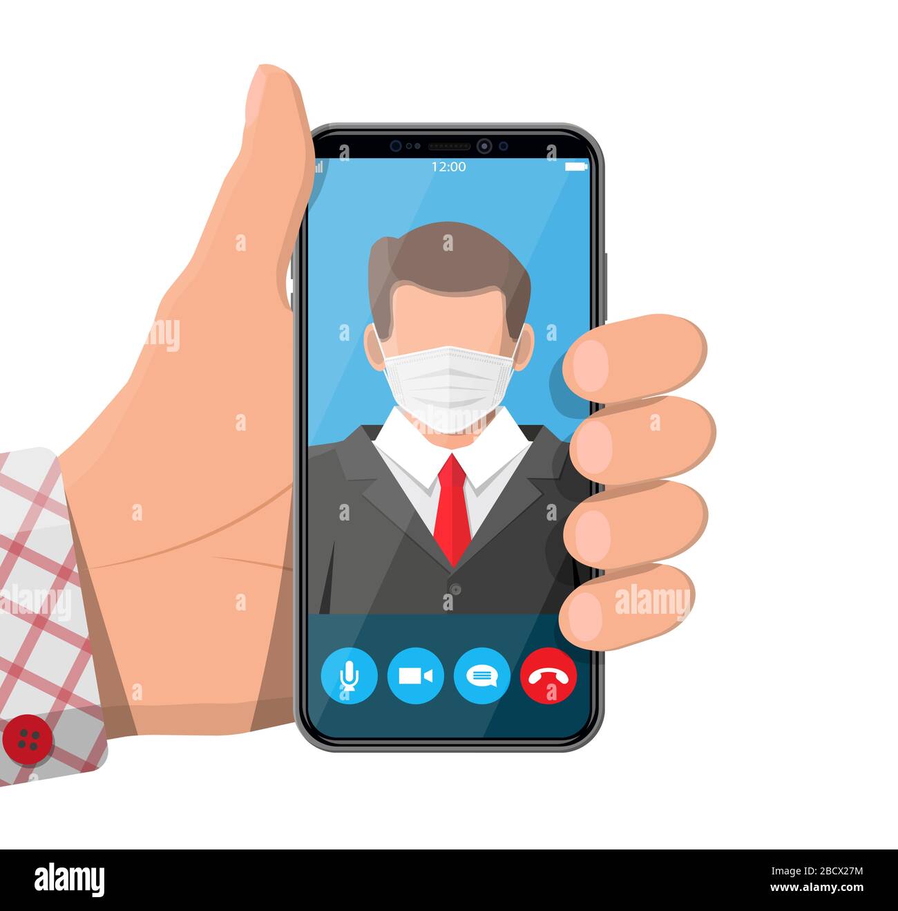 Smartphone with conference. Speaker businessman in medical mask video ...