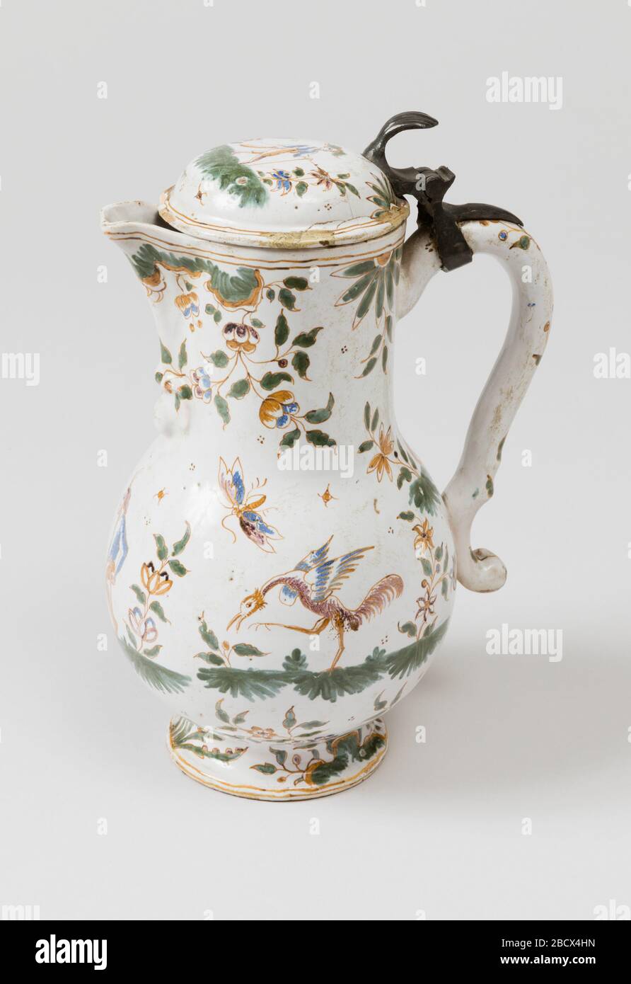 Jug. Jug with pewter mount and hinge-thumbpiece; lid broken and ...