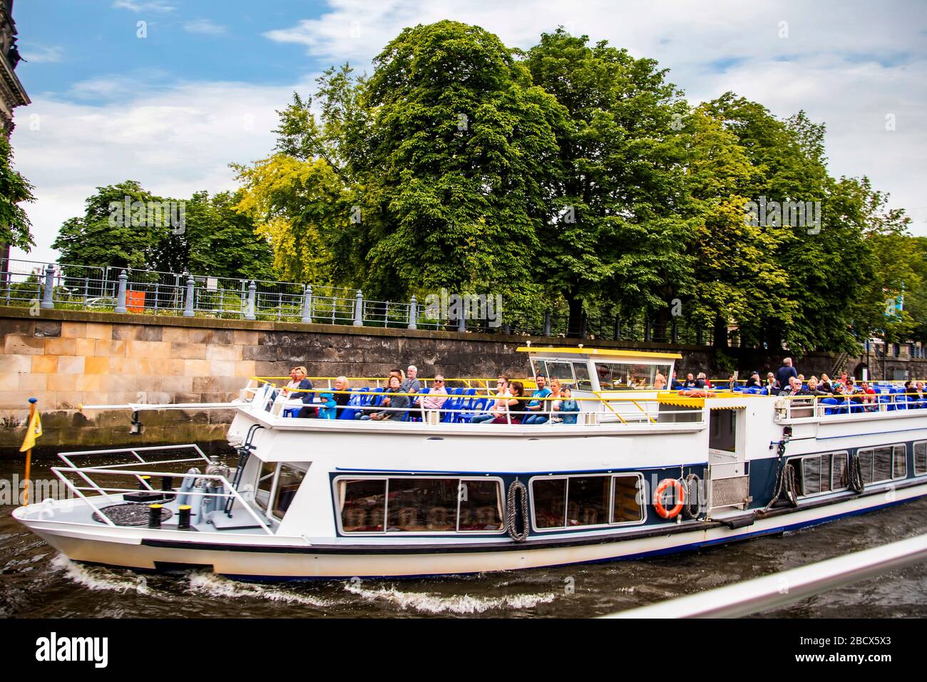 Pleasure cruiser on the River Spree in Berlin Germany at the wharf near ...