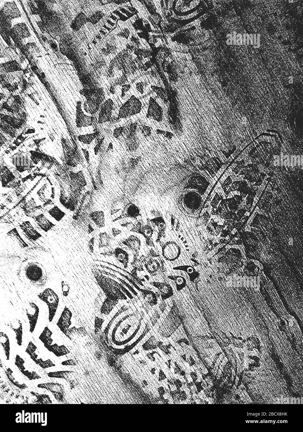 Distress wooden planks texture with shoe marks on it. Black and white ...