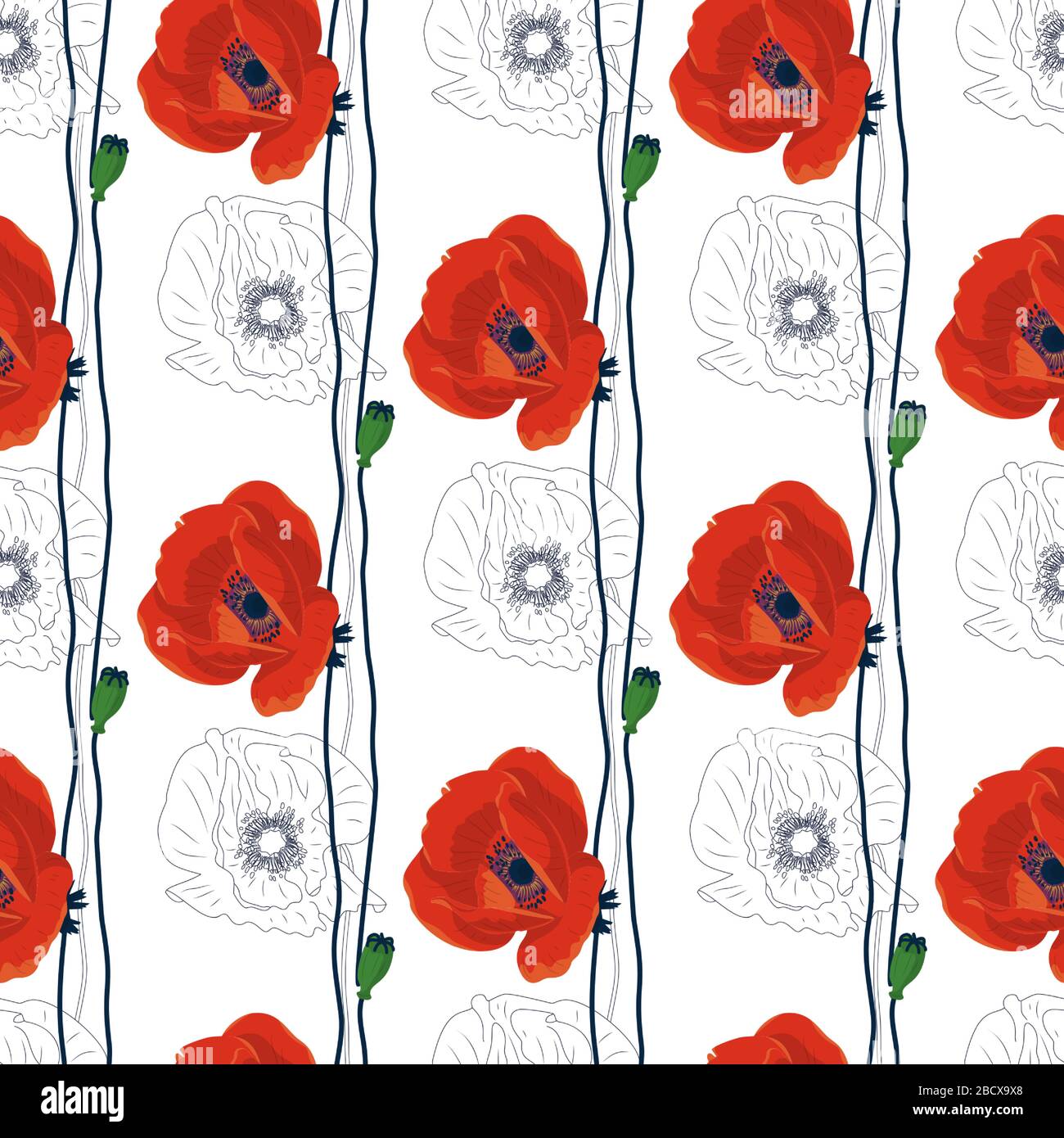 Seamless pattern with hand drawn red poppy flowers on white background ...
