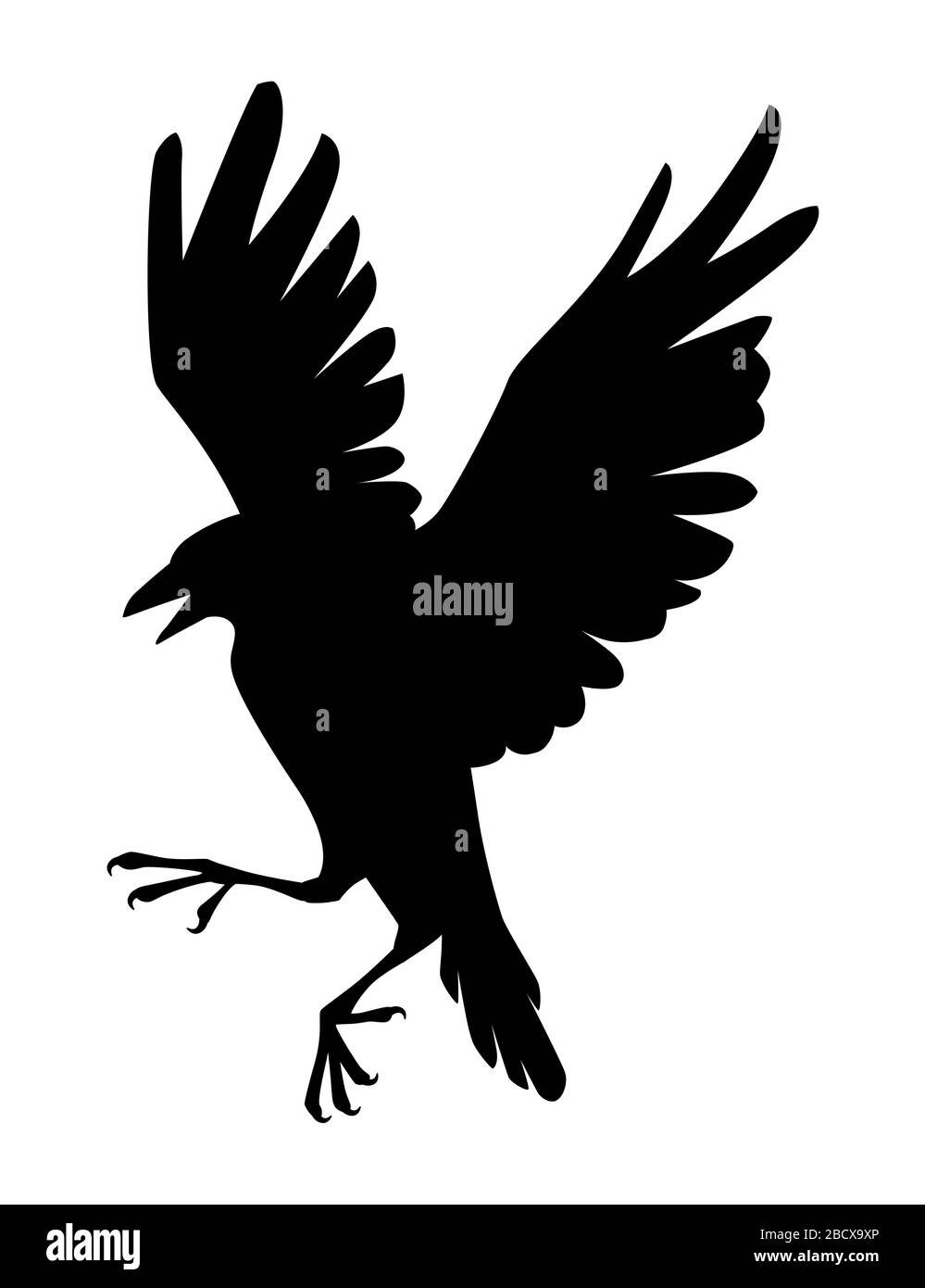 Black silhouette raven bird cartoon crow design flat vector animal illustration isolated on ...