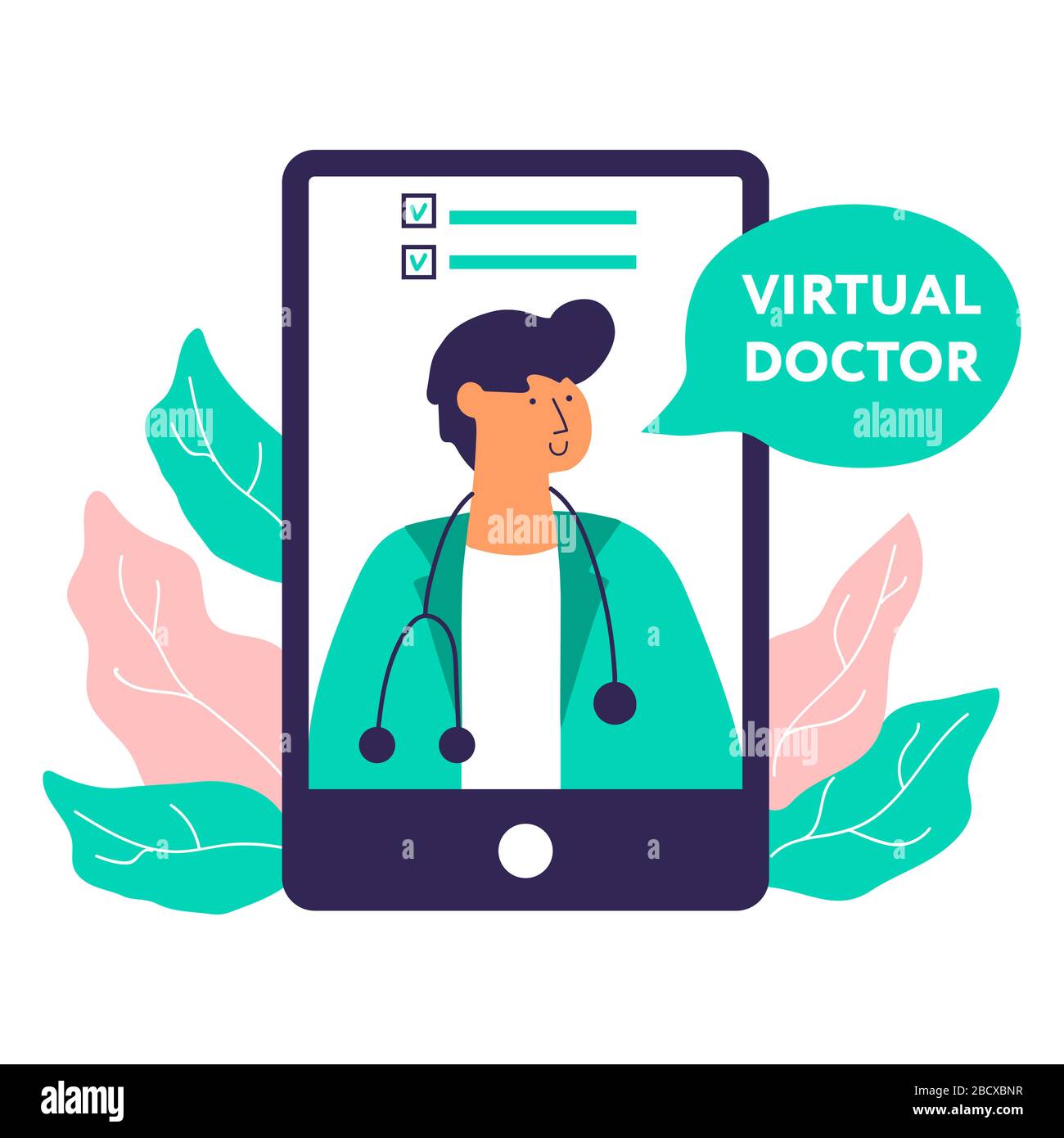 virtual doctor in smartphone, home insulation vector illustration Stock ...
