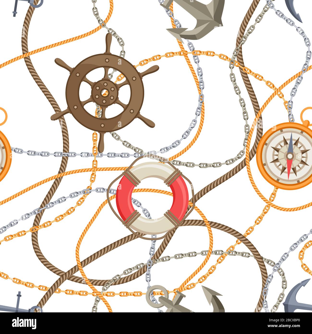 Nautical seamless pattern with sailing items, ropes and chains Stock ...