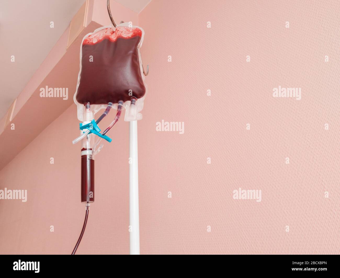 Blood transfusion. Blood bag on a rack. Photo and copy space Stock ...