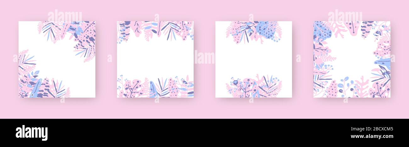 Set of colorful tropical leaf square frame. Decorative pattern text box ...