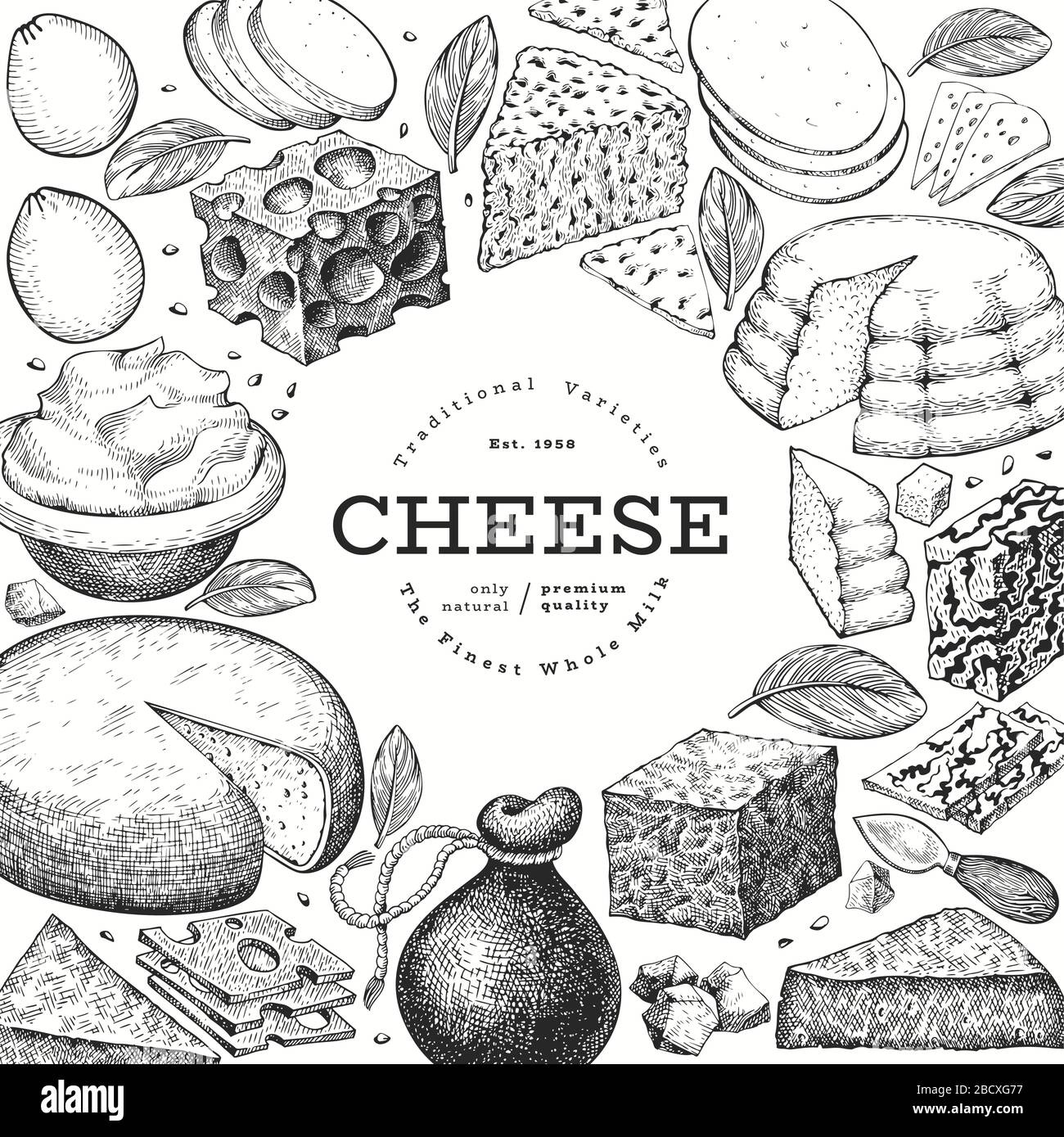 Cheese design template. Hand drawn vector dairy illustration. Engraved ...