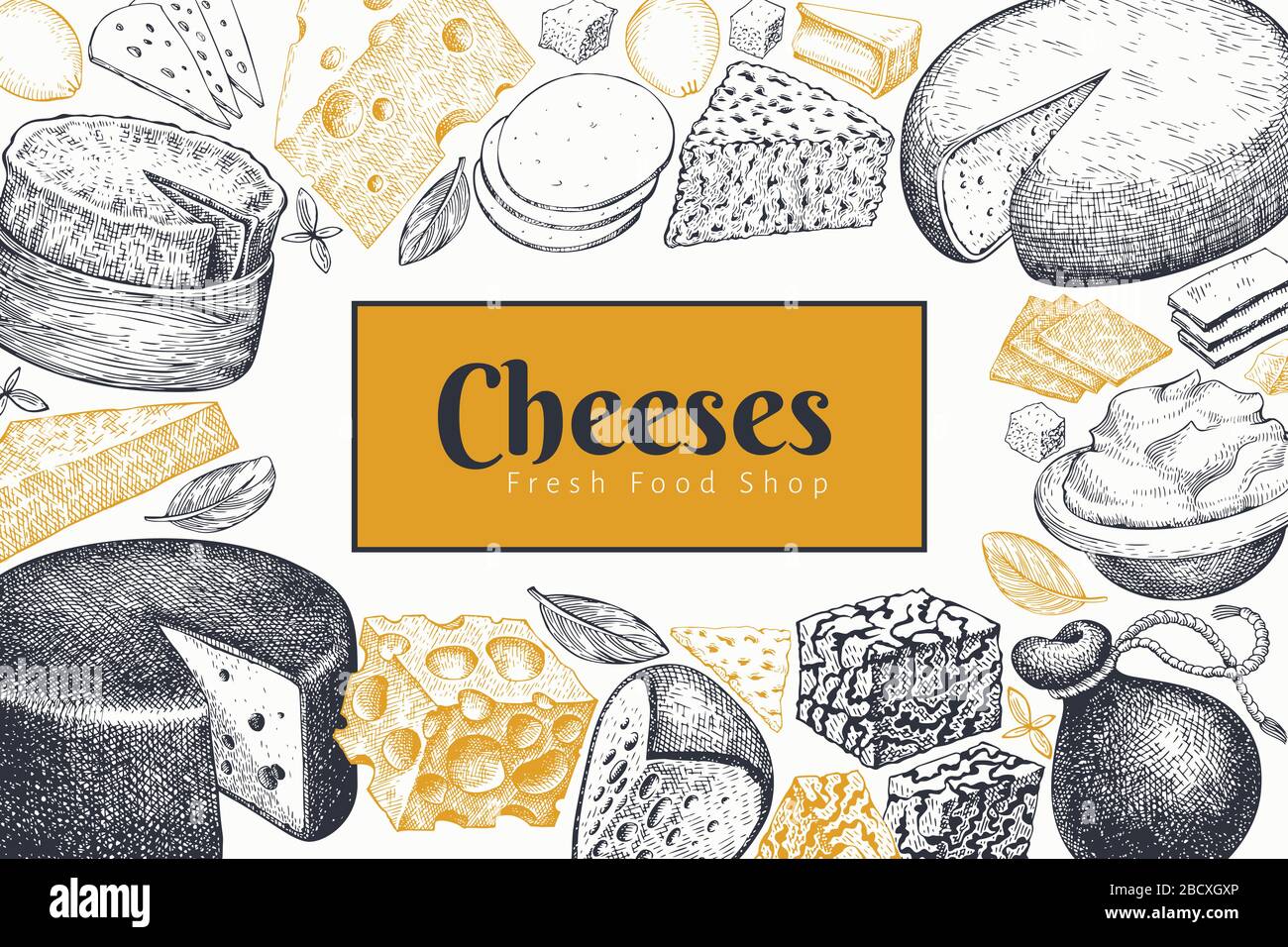 Cheese design template. Hand drawn vector dairy illustration. Engraved ...