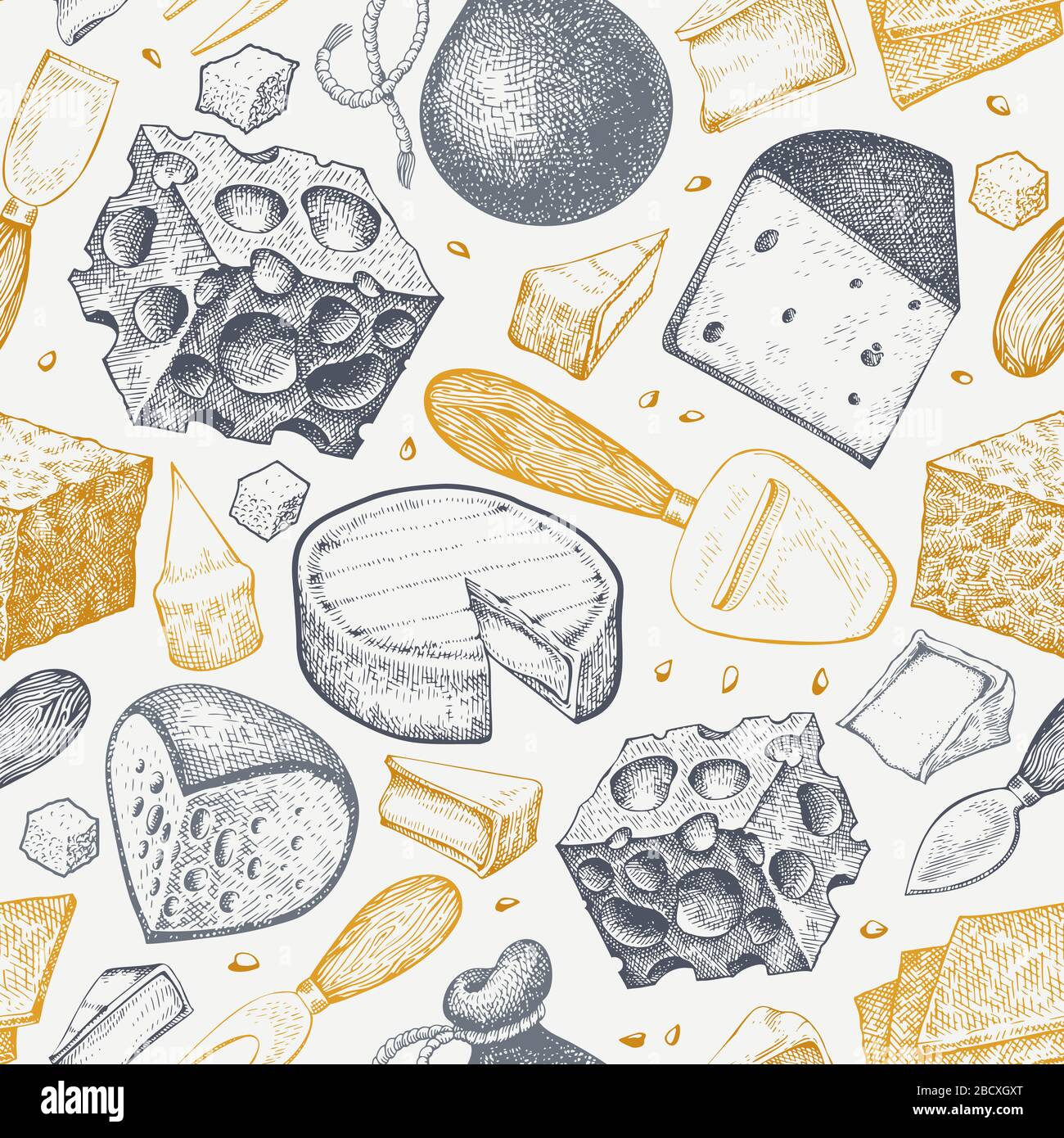 Cheese seamless pattern. Hand drawn vector dairy illustration. Engraved ...