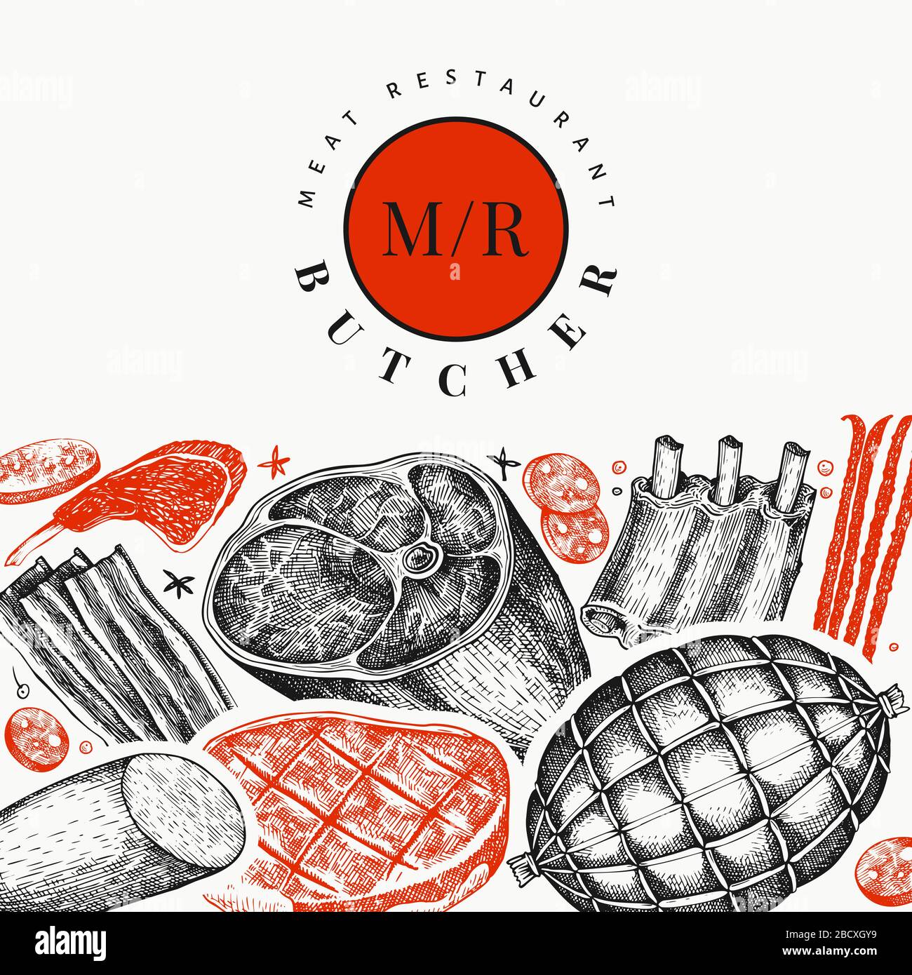 Retro vector meat products design template. Hand drawn ham, sausages ...