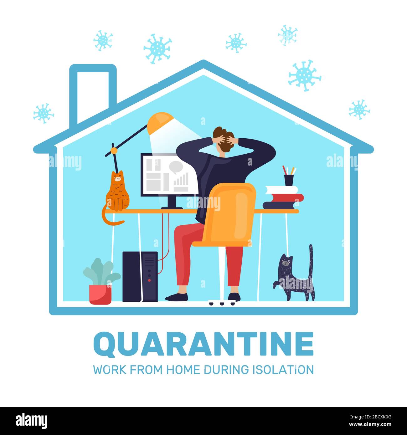 man sits at the computer with cats on a white background home isolation ...