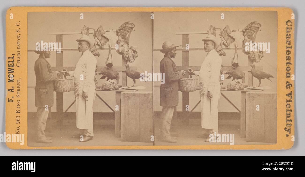 Market Scene. A reddish brown stereograph photograph of a butcher shop ...
