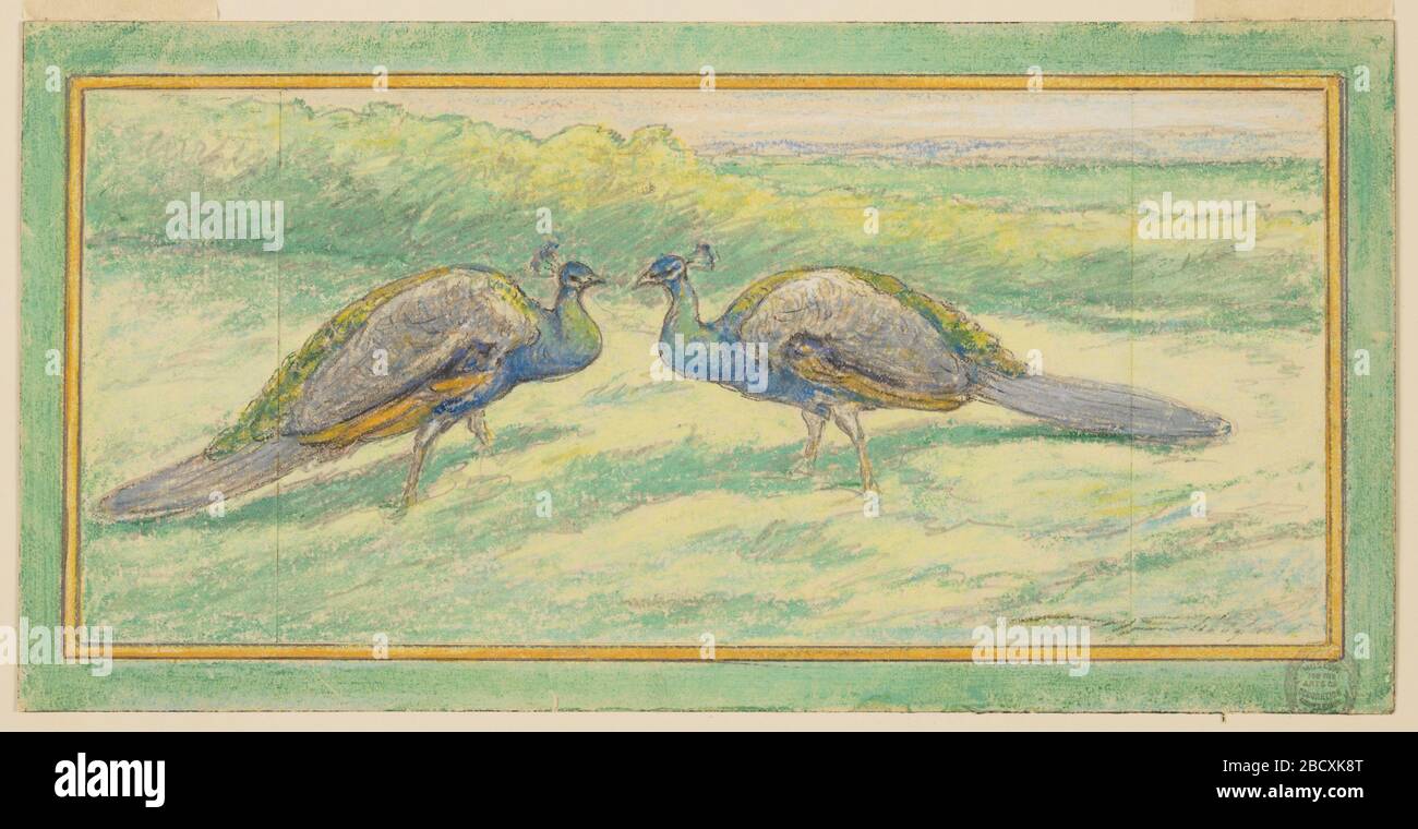 Two Peacocks in a Landscape. Research in ProgressThe birds stand ...