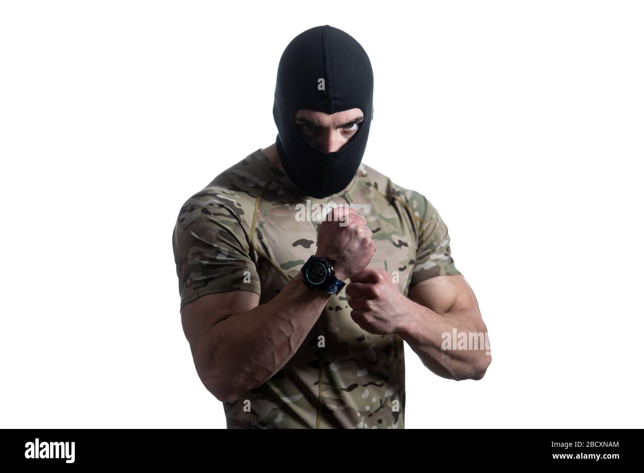 Military Man Ready For Battle Fight With Hands Isolated on White ...