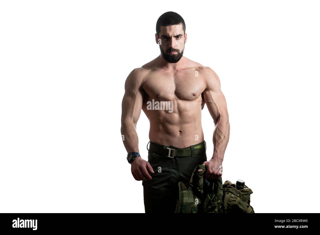 Bodybuilder Portrait of Young Soldier on a White Background Stock Photo ...