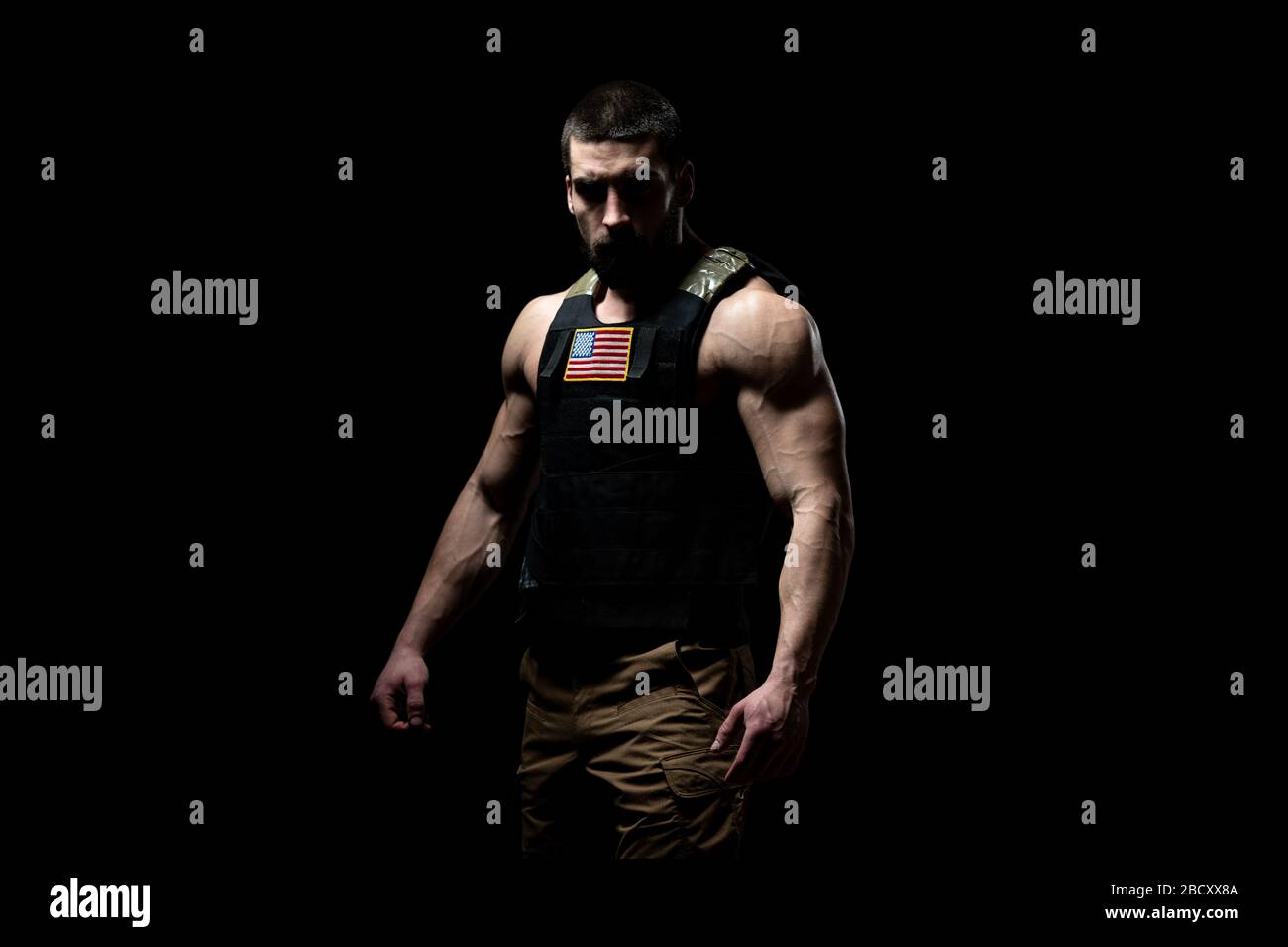 Bodybuilder Portrait of Soldier With Bulletproof Vest and Us Flag on a ...