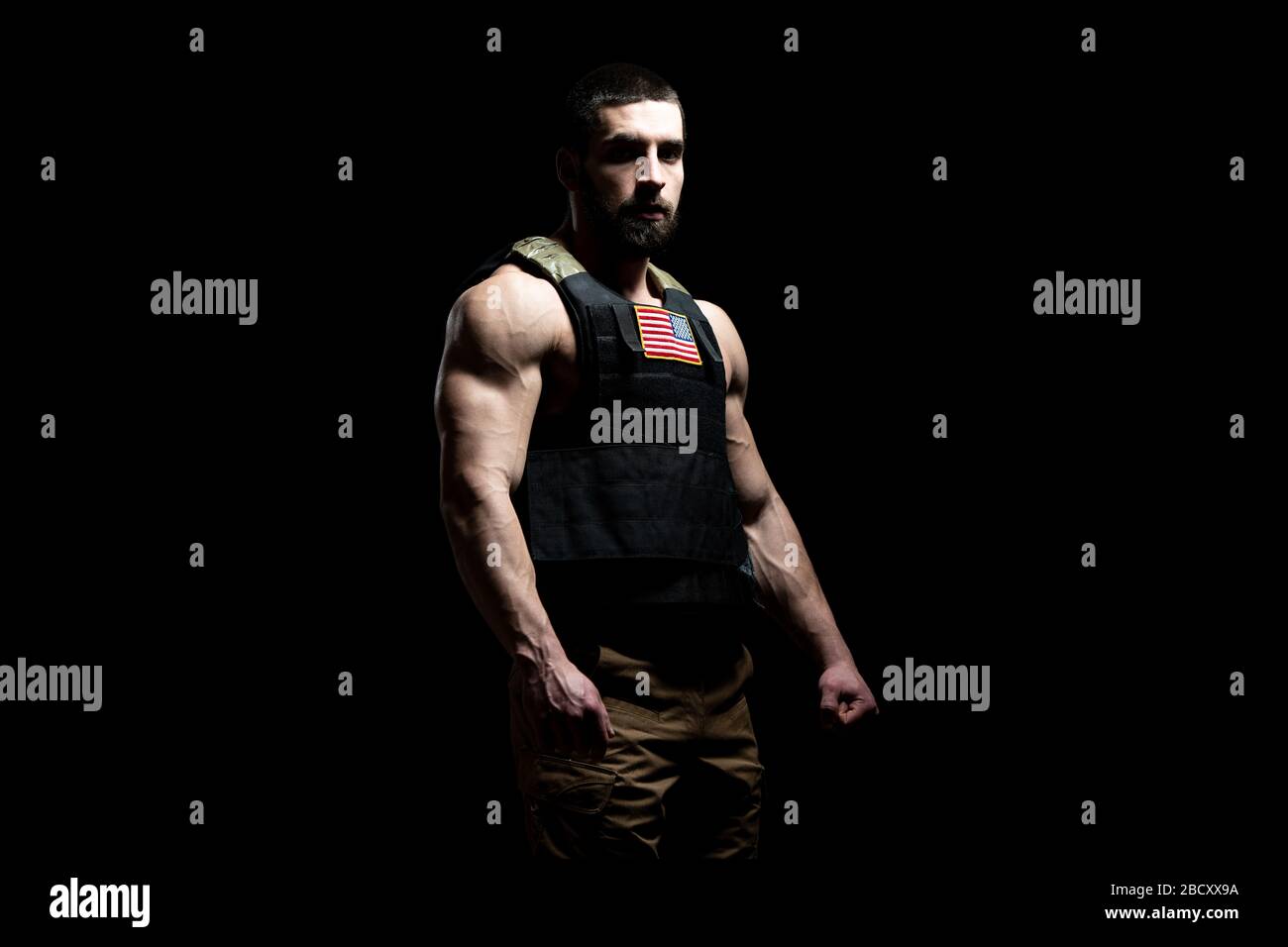 Bodybuilder Portrait of Soldier With Bulletproof Vest and Us Flag on a ...