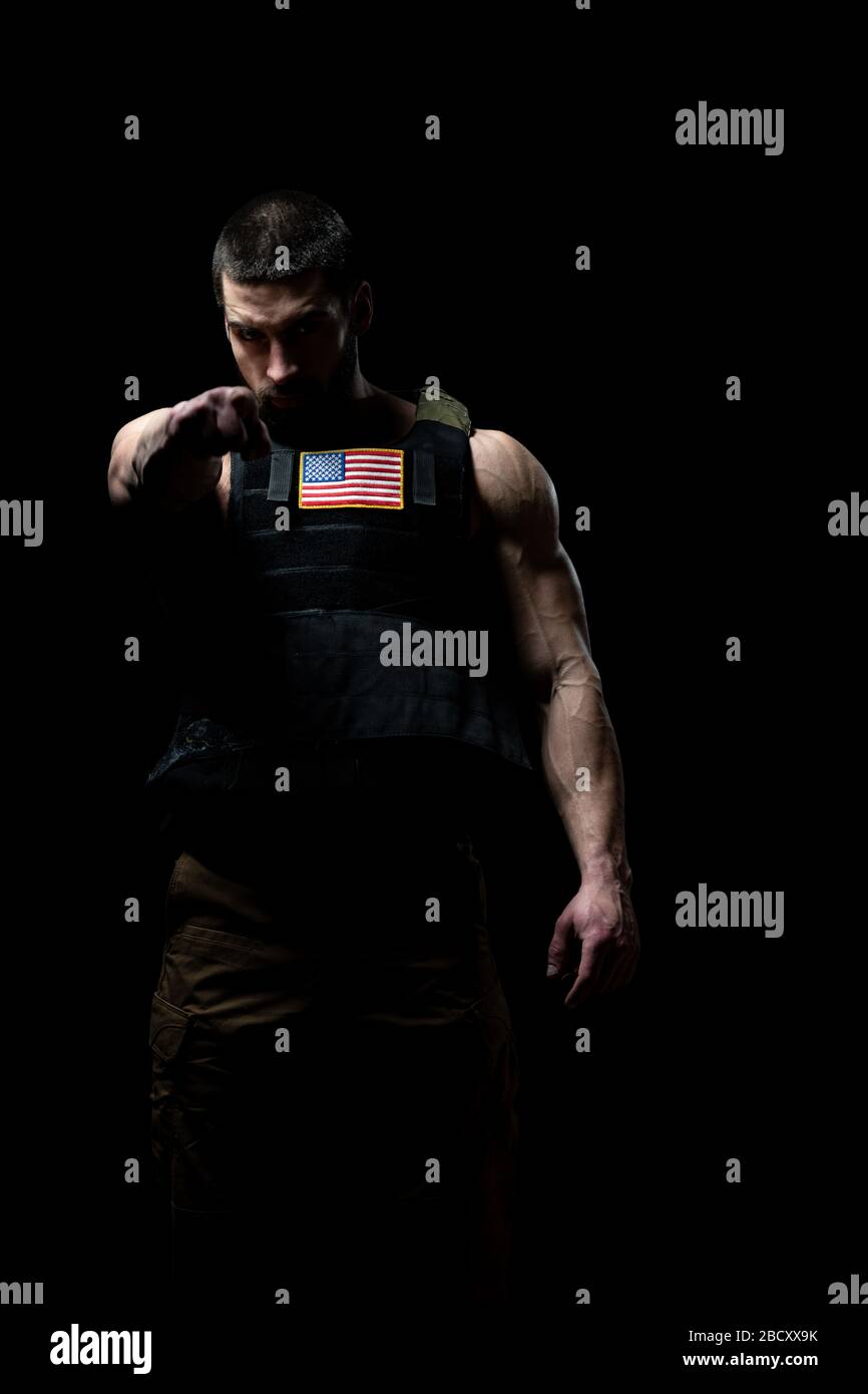 Bodybuilder Portrait of Soldier With Bulletproof Vest and Us Flag on a ...