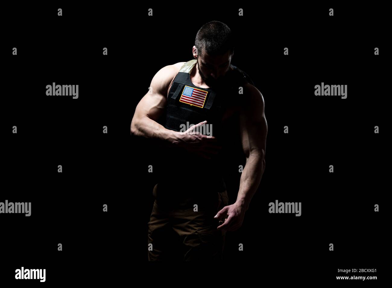 Bodybuilder Portrait of Soldier With Bulletproof Vest and Us Flag on a ...