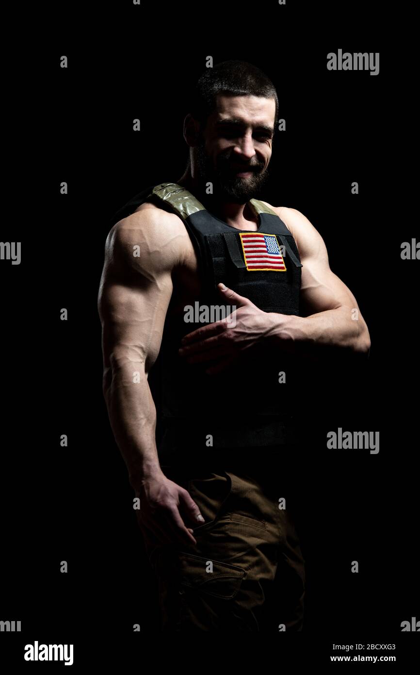 Bodybuilder Portrait of Soldier With Bulletproof Vest and Us Flag on a ...