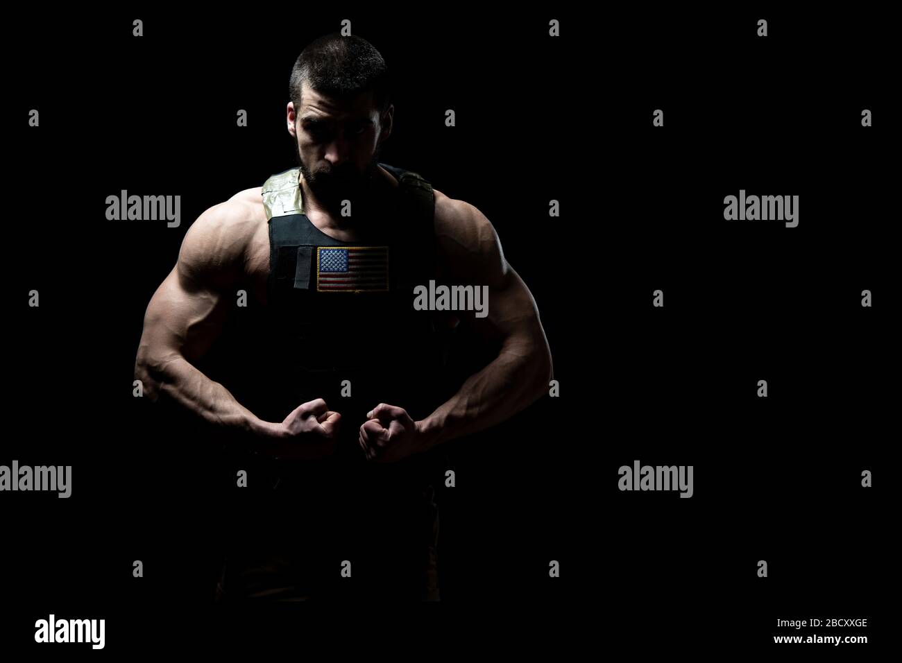 Bodybuilder Portrait of Soldier With Bulletproof Vest and Us Flag on a ...