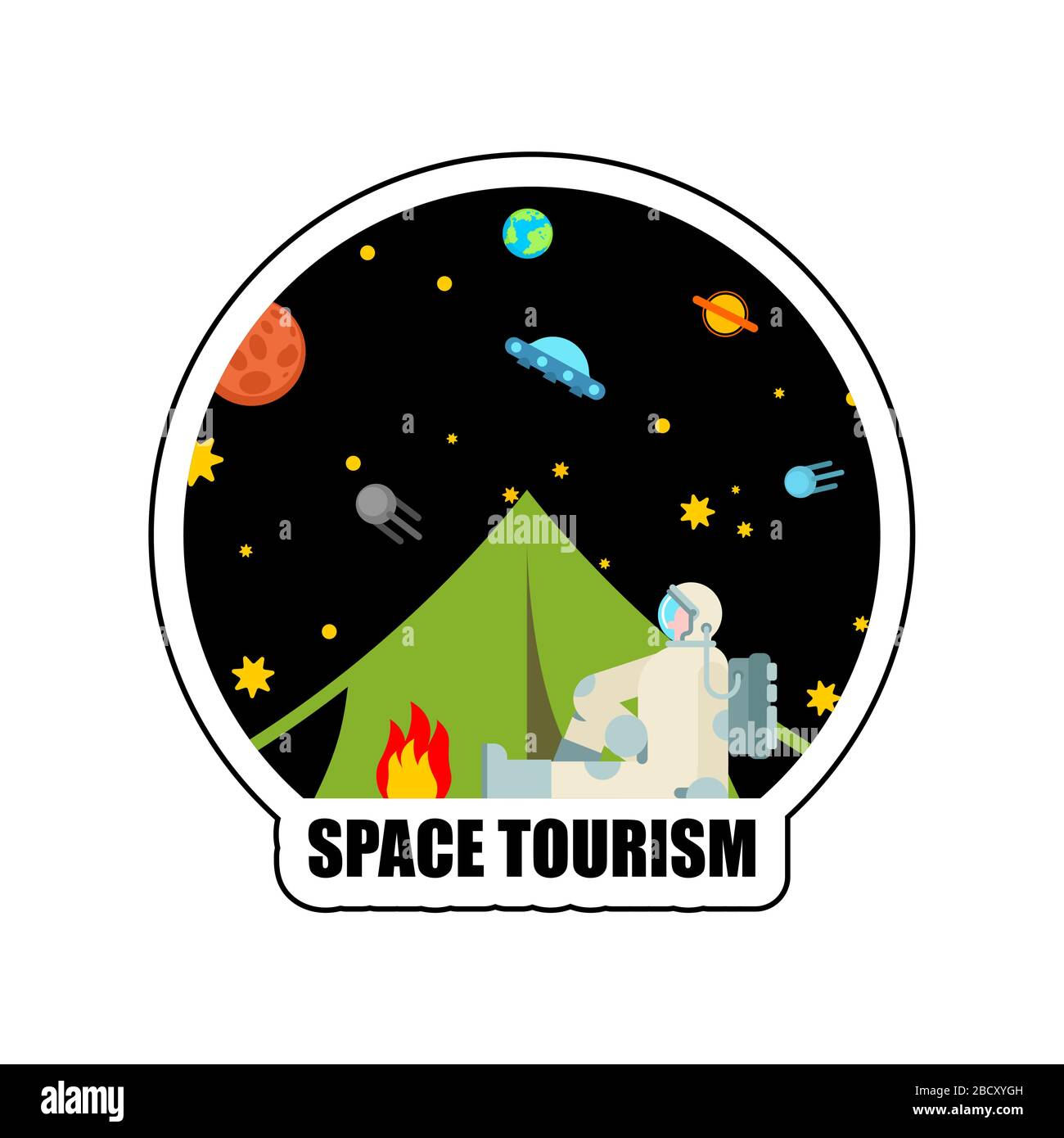 Space tourism logo. Cosmic camping sign. Astronaut and tent. spaceman ...