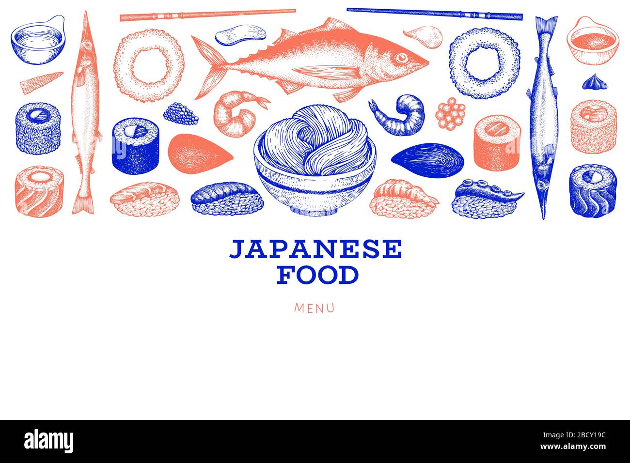 Japanese cuisine design template. Sushi hand drawn vector illustrations ...