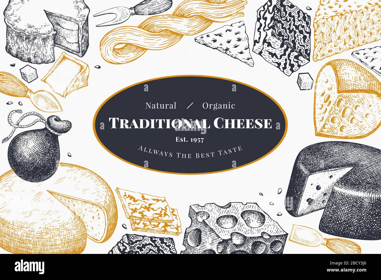 Cheese design template. Hand drawn vector dairy illustration. Engraved ...