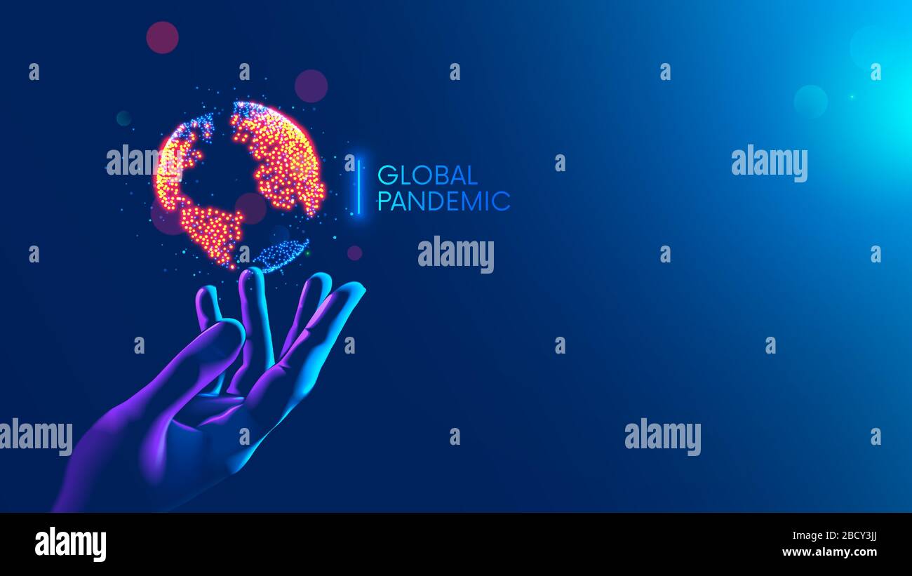 Global pandemic concept. Red dots show nidus of infection on continents ...