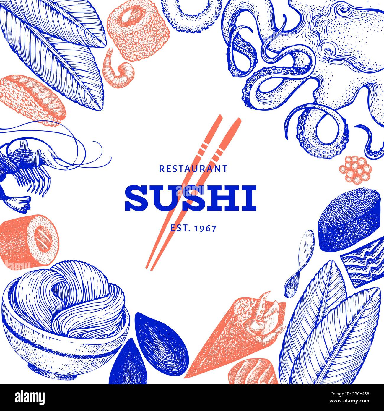 Japanese cuisine design template. Sushi hand drawn vector illustrations ...