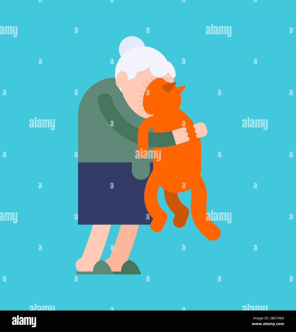 Grandma hugs cat. grandmother loves pet. granny amd home animal. vector ...