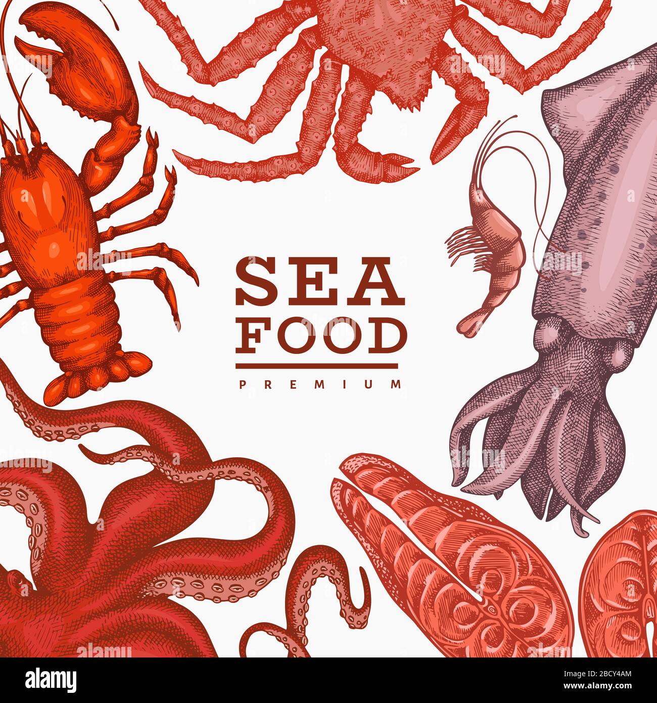 Seafood design template. Hand drawn vector seafood illustration ...