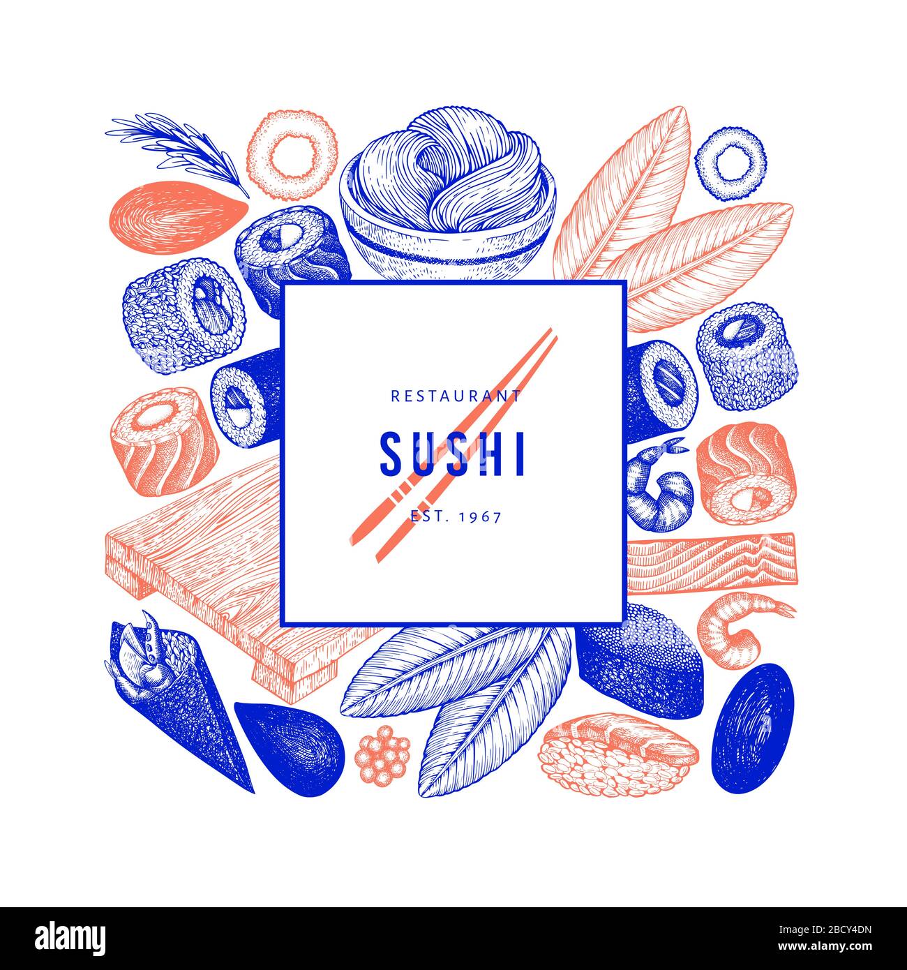 Japanese cuisine design template. Sushi hand drawn vector illustrations ...