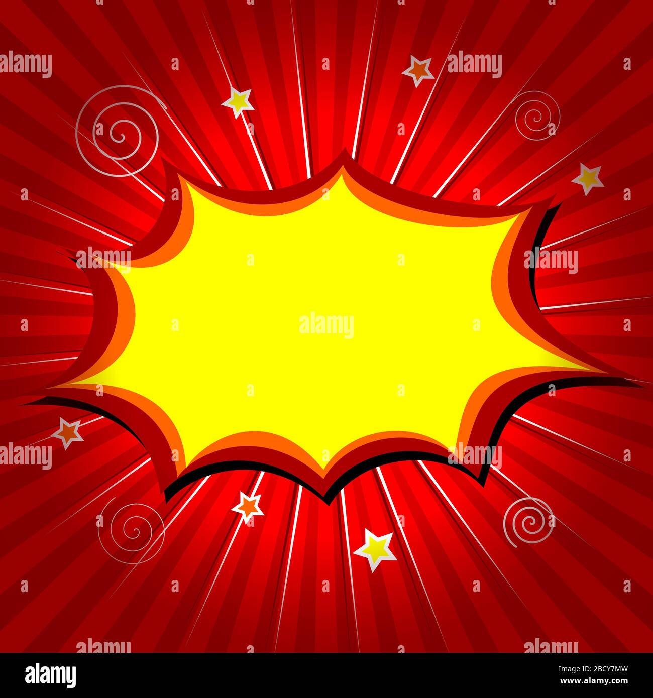 Blast, explosion illustration - yellow explosion, red background Stock ...
