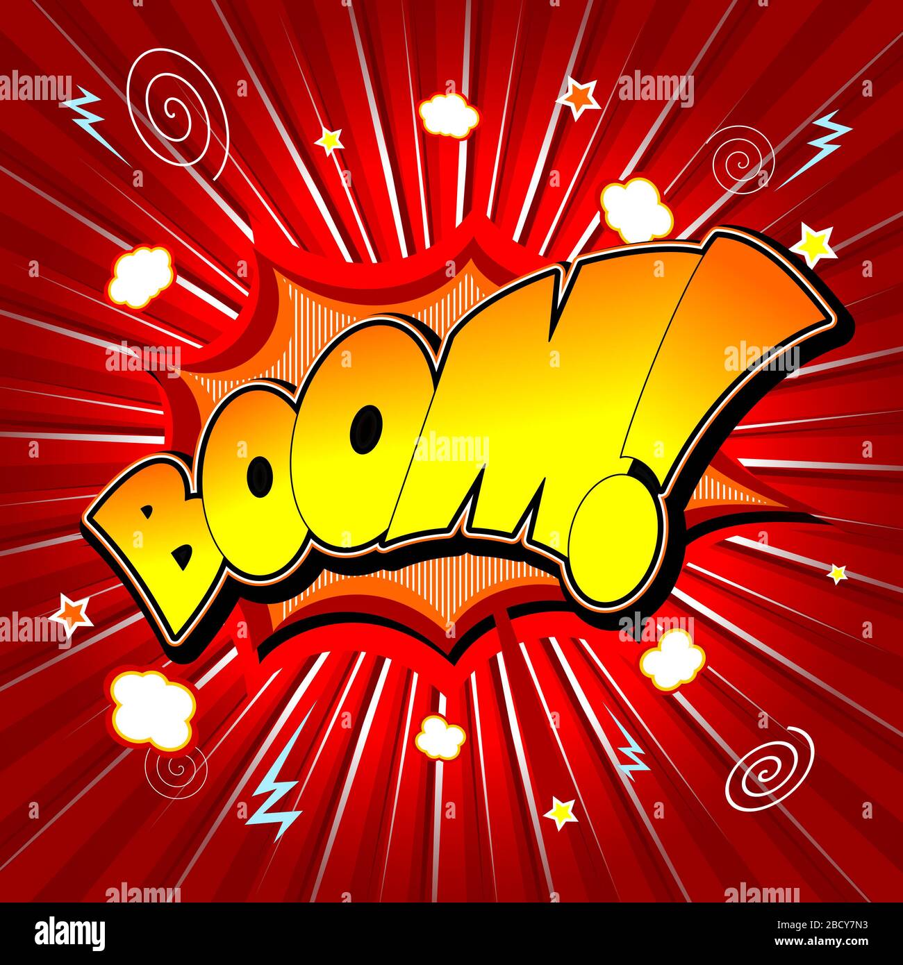 Boom illustration - yellow and orange text, red background Stock Photo ...