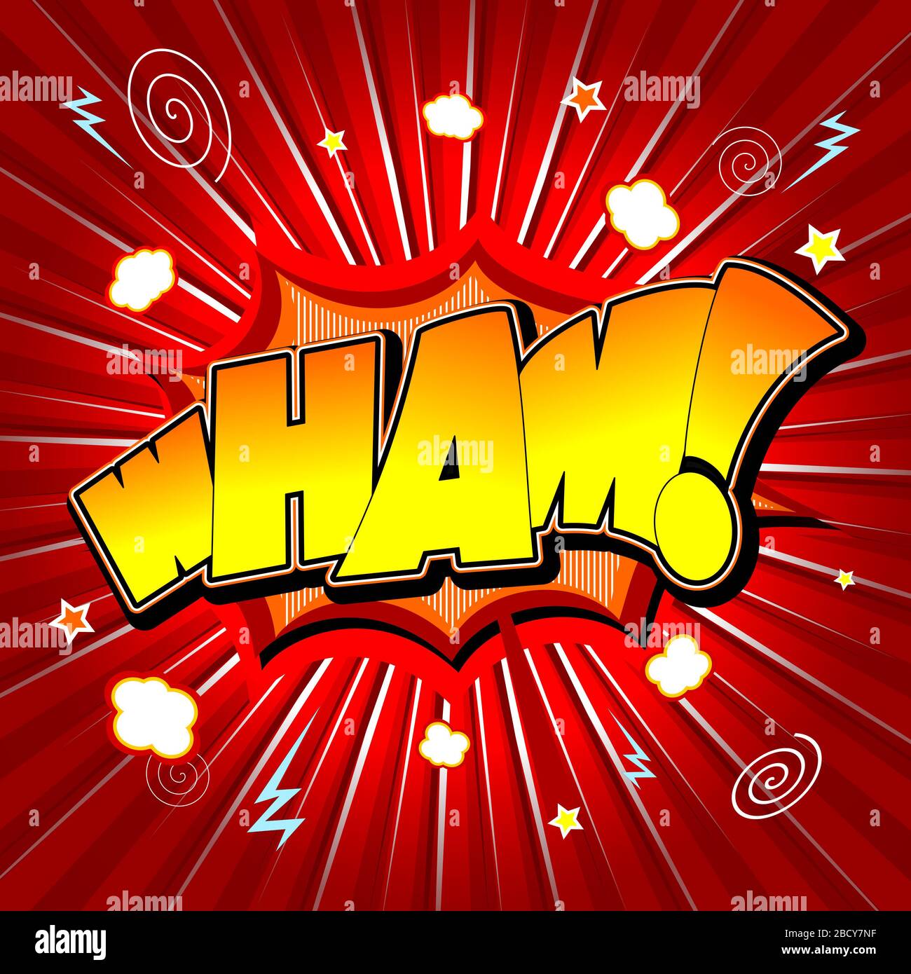 Wham illustration - yellow and orange text, red background Stock Photo ...