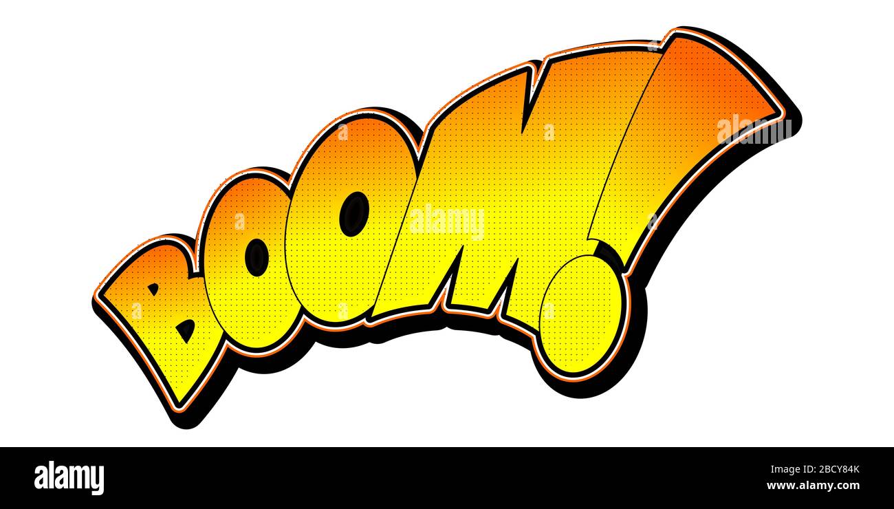 Boom illustration - yellow and orange text, white background Stock ...