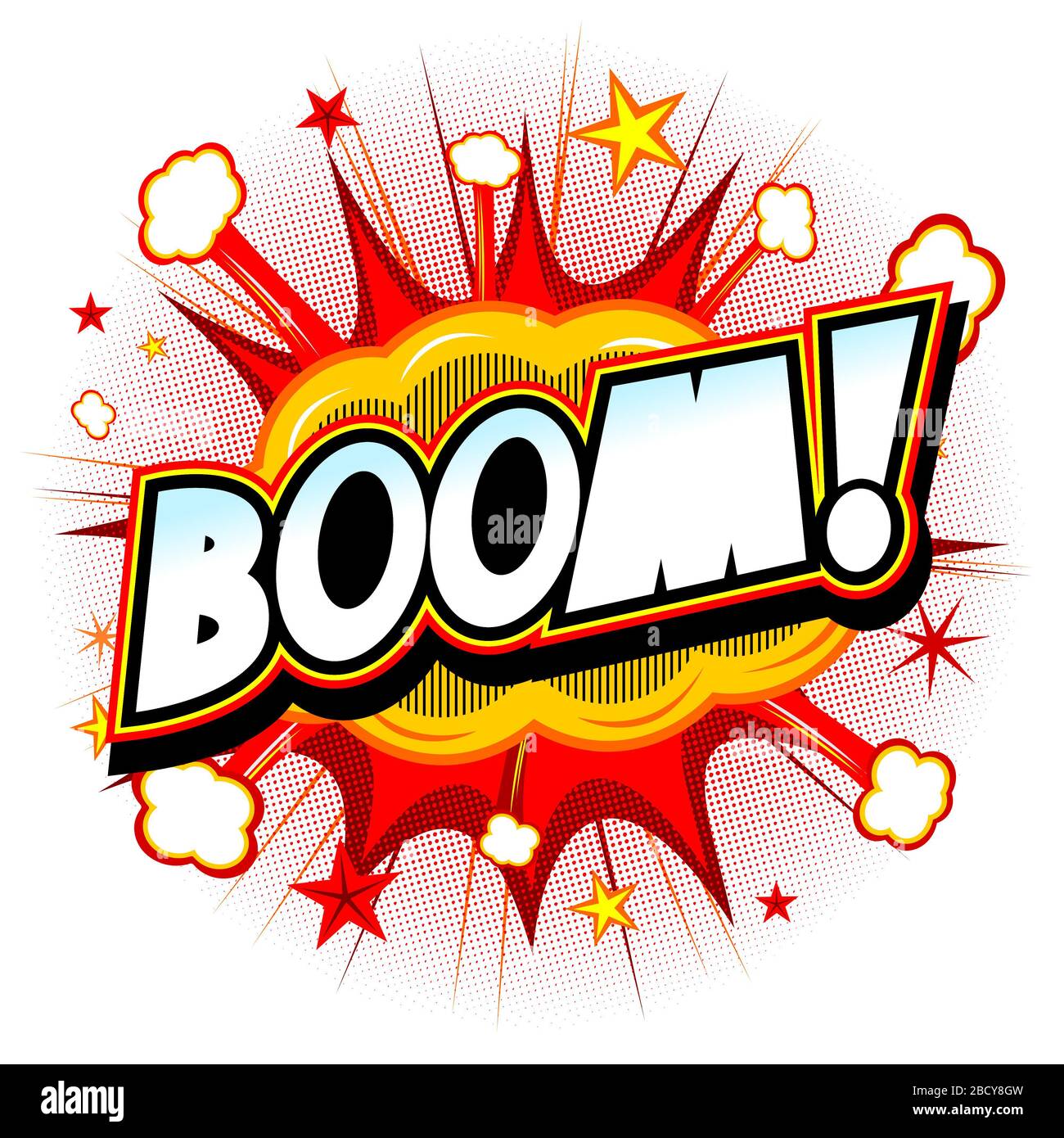 Boom illustration - red explosion, white background Stock Photo - Alamy