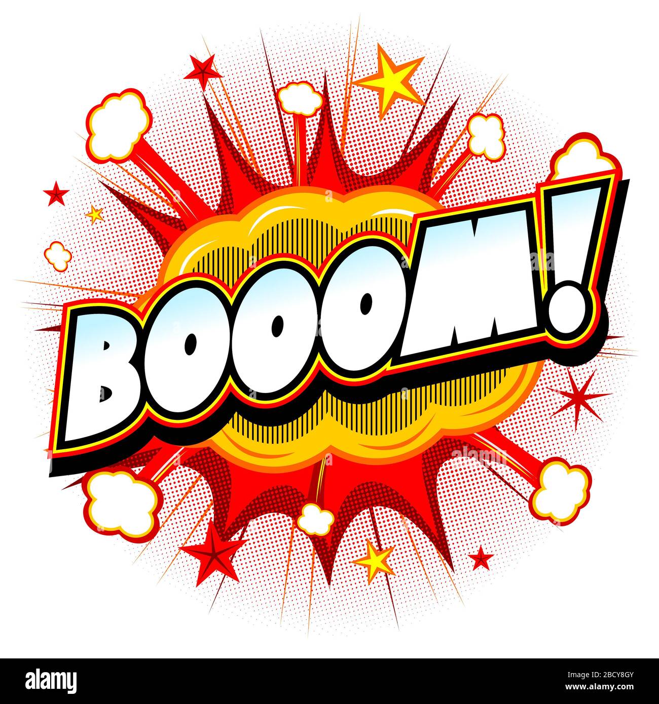 Booom illustration - red explosion, white background Stock Photo - Alamy